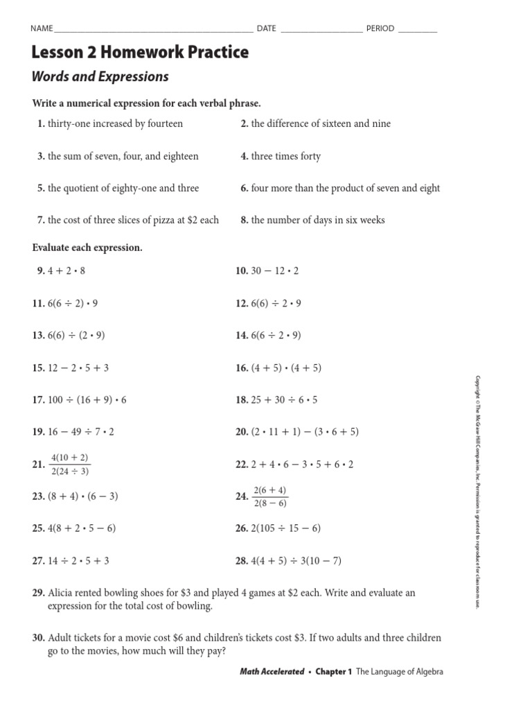 Numerical Expressions Homework Practice | PDF
