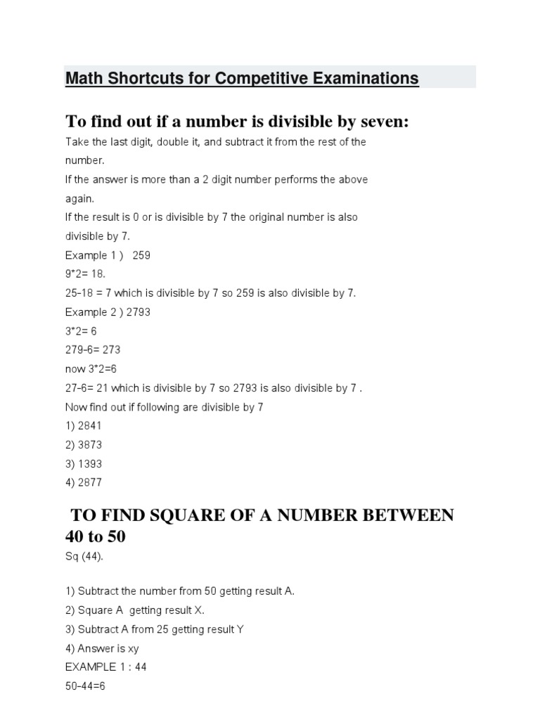 Math Shortcuts for Exam Success | PDF | Fraction (Mathematics) | Numbers