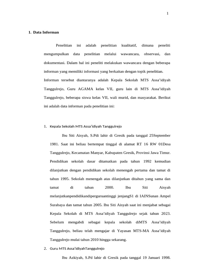 Data Informan Penelitian MTS Assa’idiyah | PDF