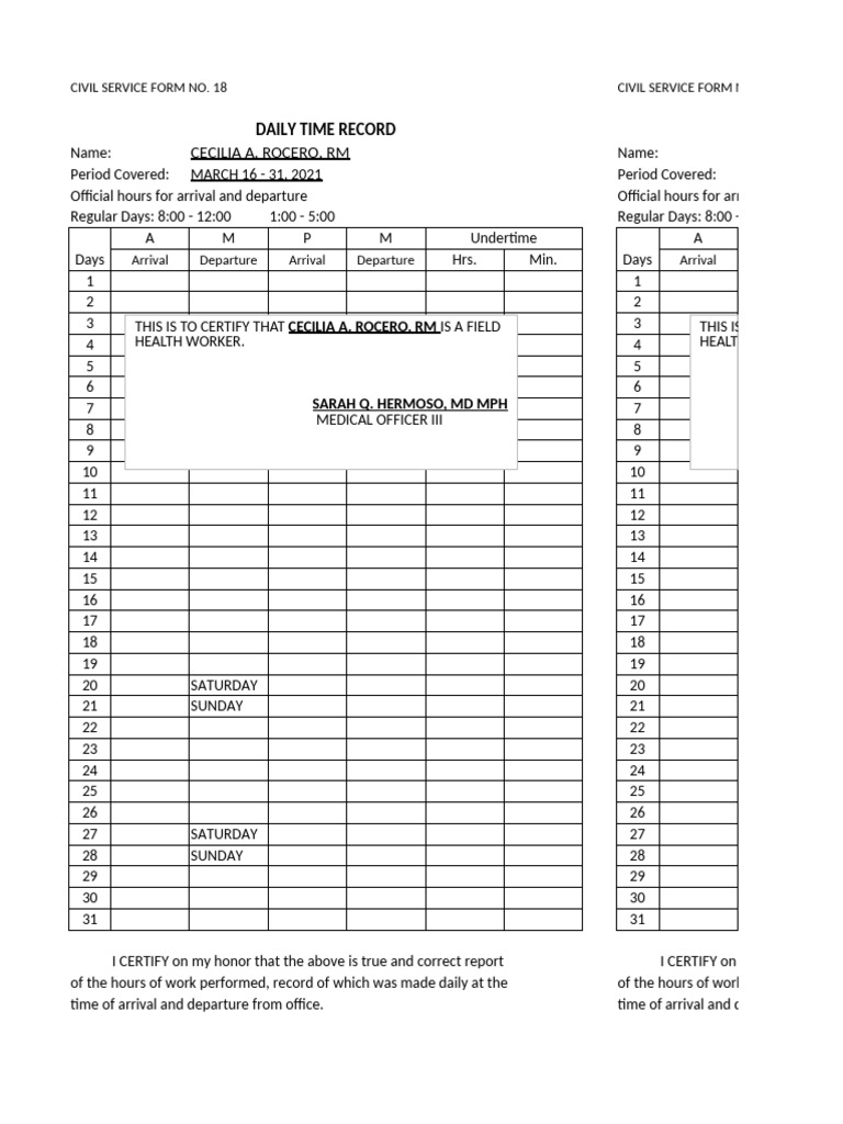 Daily Time Record for Cecilia A. Rocero | PDF