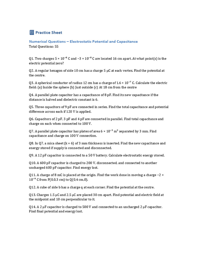 Practice Sheet Electrostatics Numericals | PDF | Capacitor | Capacitance