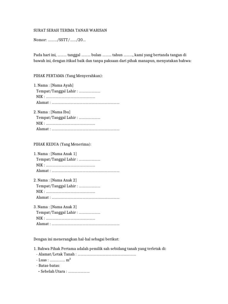 Surat Serah Terima Tanah Warisan | PDF