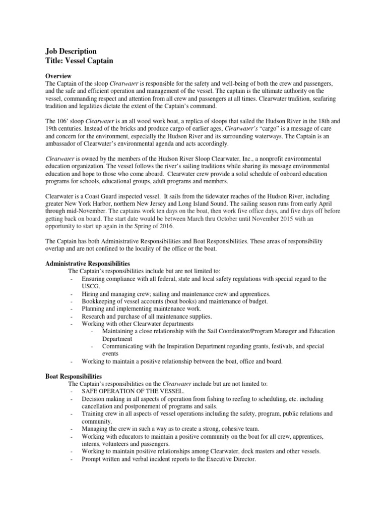 Vessel Captain Job Description | PDF | Sea Captain | Water Transport