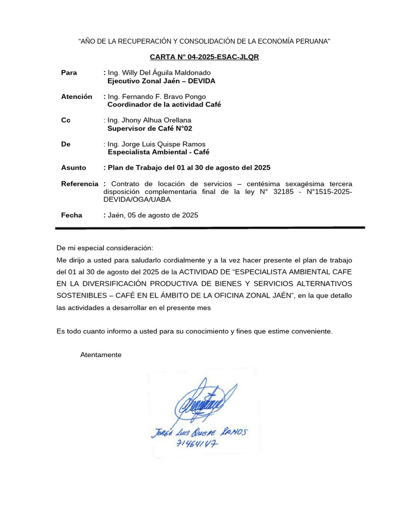 Carta Plan de Trabajo Agosto | PDF