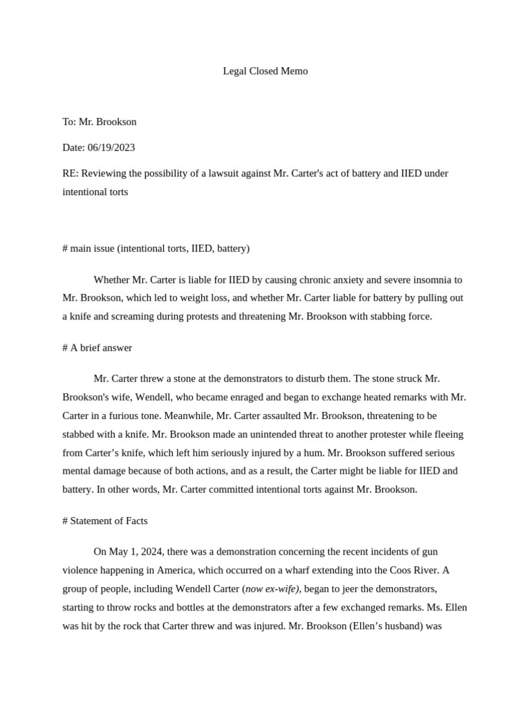 Closed Memo | PDF | Intentional Infliction Of Emotional Distress | Tort