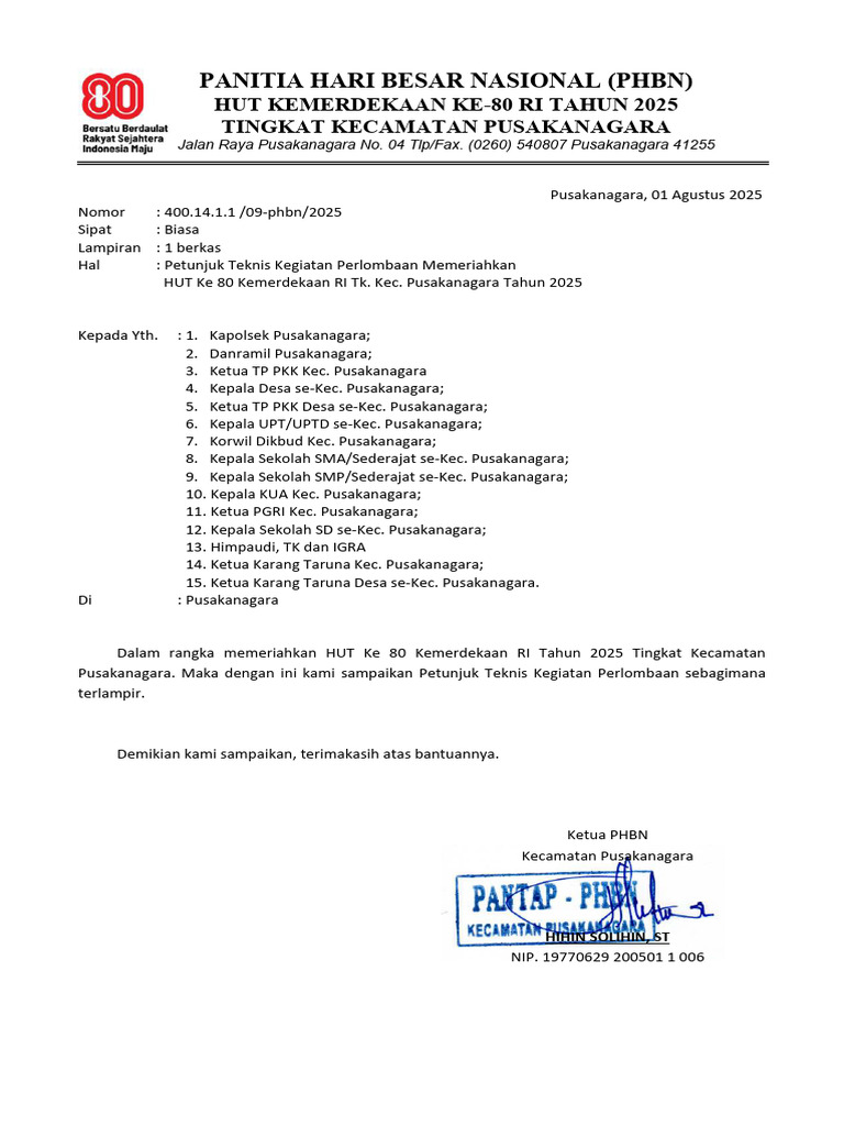 Juknis Perlombaan HUT Ke 80 RI THN 2025 Tk. Kec. Pusakanagara | PDF