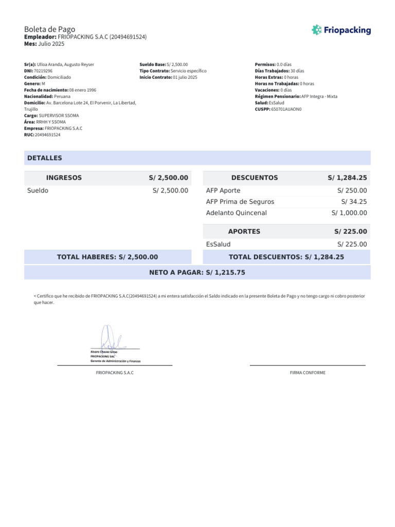 2025-07 Boleta de Pago Augusto Reyser Ulloa Aranda F1 | PDF