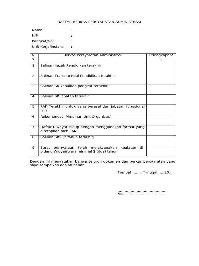 Contoh Checklist Daftar Berkas Usulan - Calon Widyaiswara | PDF
