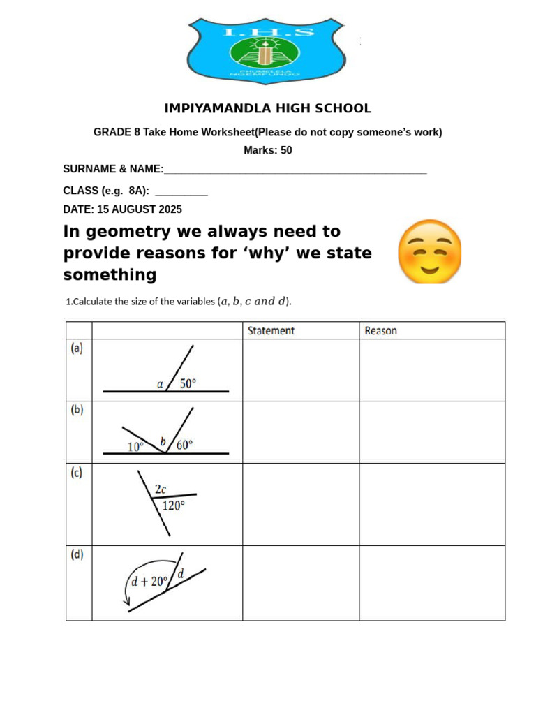 Grade 8 Take Home Worksheet | PDF