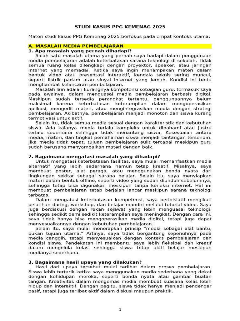 Contoh Studi Kasus PPG Kemenag 2025 | PDF
