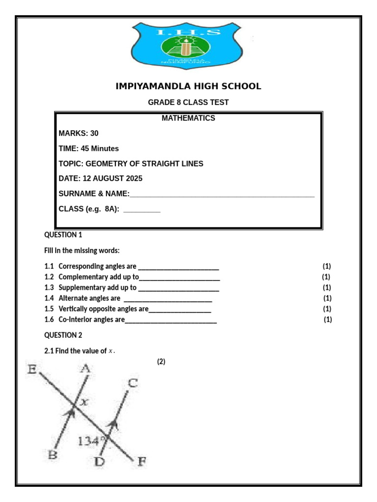 Grade 8 Class Test 12 August | PDF