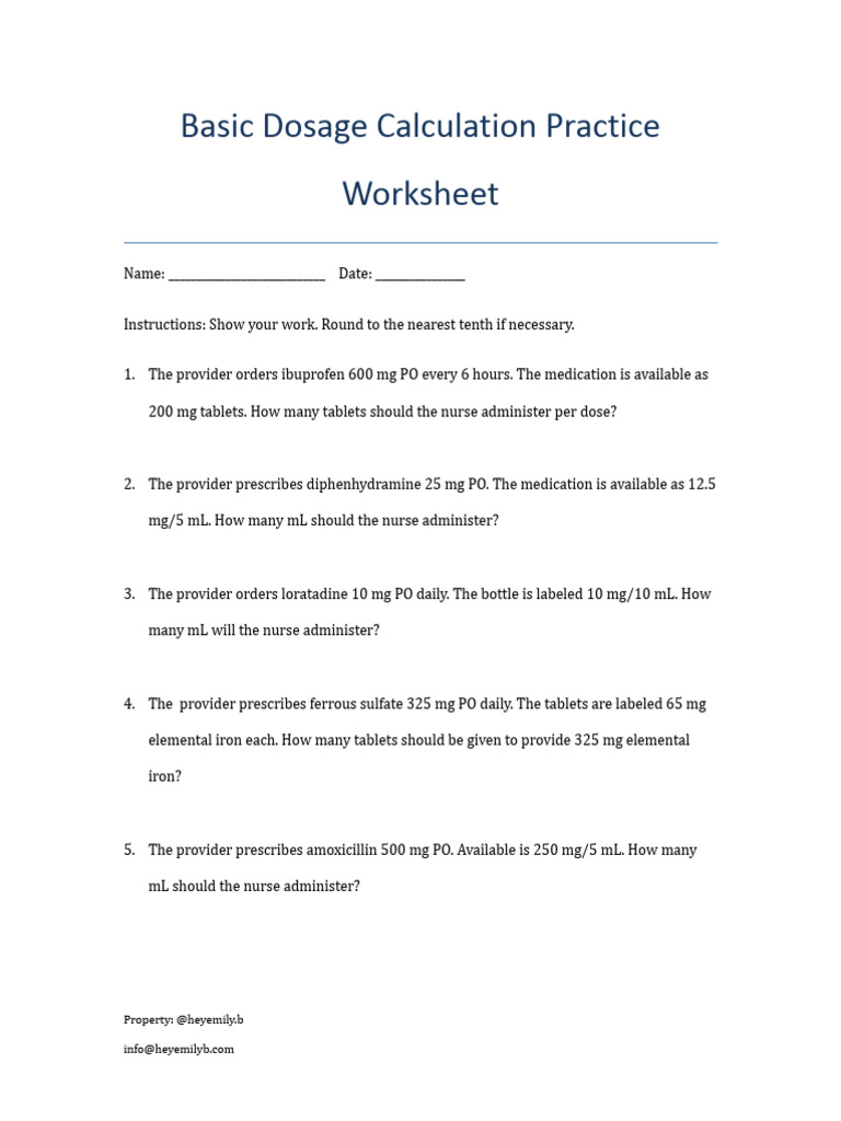 Dosage Calculation Practice Worksheet | PDF | Drugs | Pharmacology