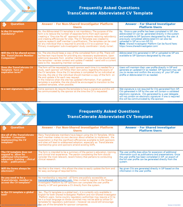 2024 FAQ TransCelerate CV Template V6 Q1 2024 | PDF | Computing