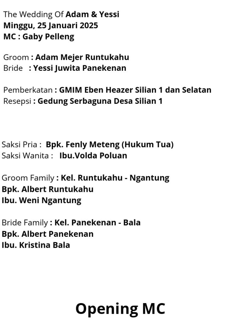 Naskah MC Resepsi Pernikahan Adam & Yessi | PDF