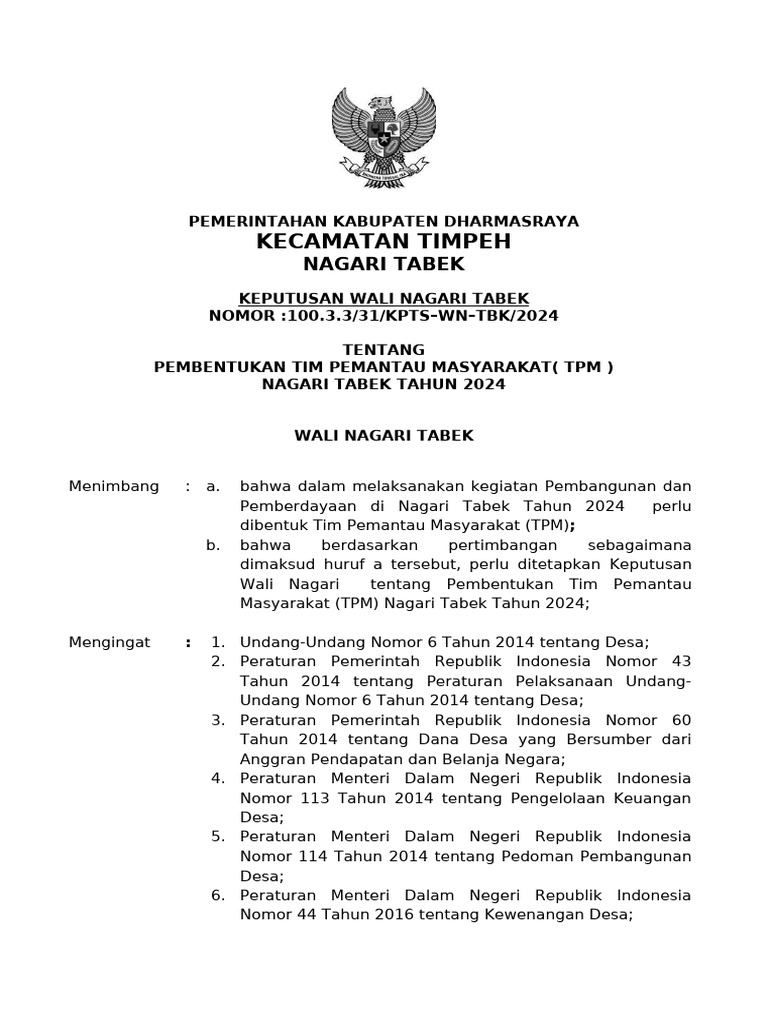 Pembentukan Tim Pemantau Nagari Tabek 2024 | PDF