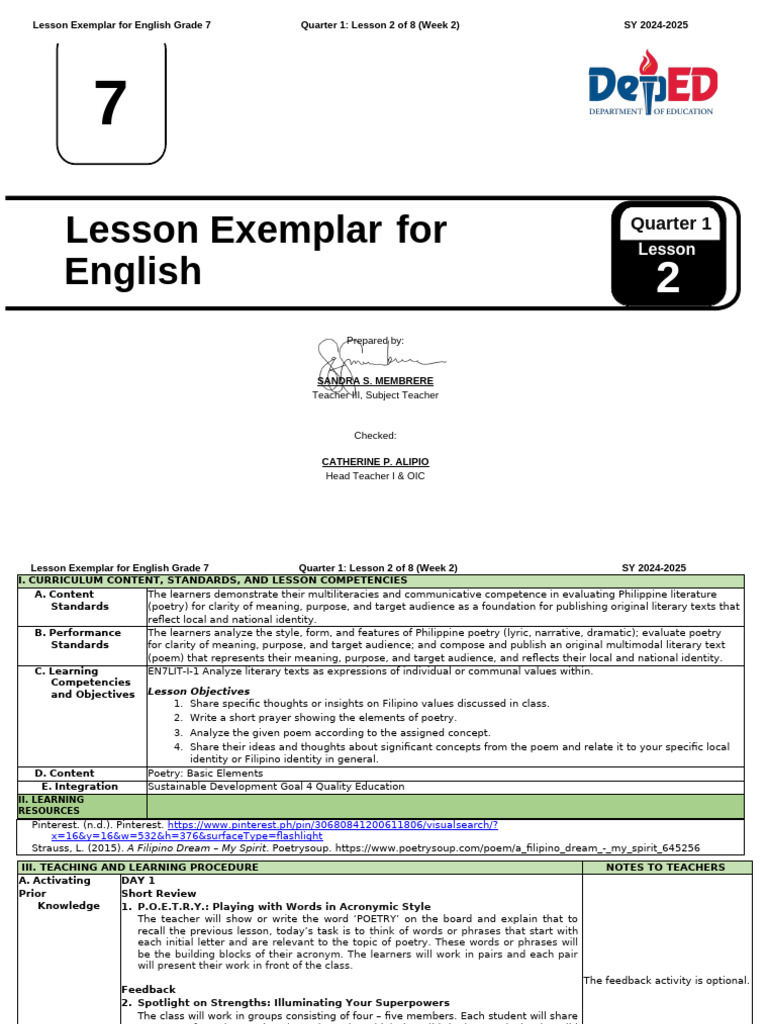 Q1 - LE - English 7 - Lesson 2 - Week 2 Wordfile | PDF | Poetry | Writers