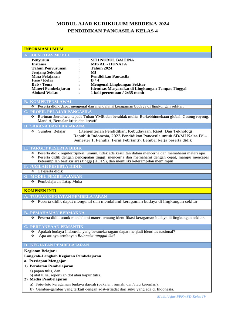 Modul Ajar Kurikulum Pendidikan Pancasila Kelas 4B | PDF