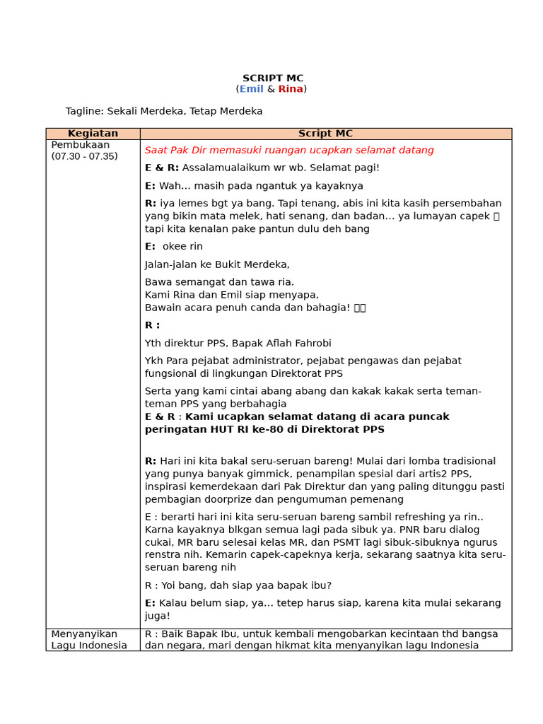 Script MC Acara Puncak 17an - Update | PDF