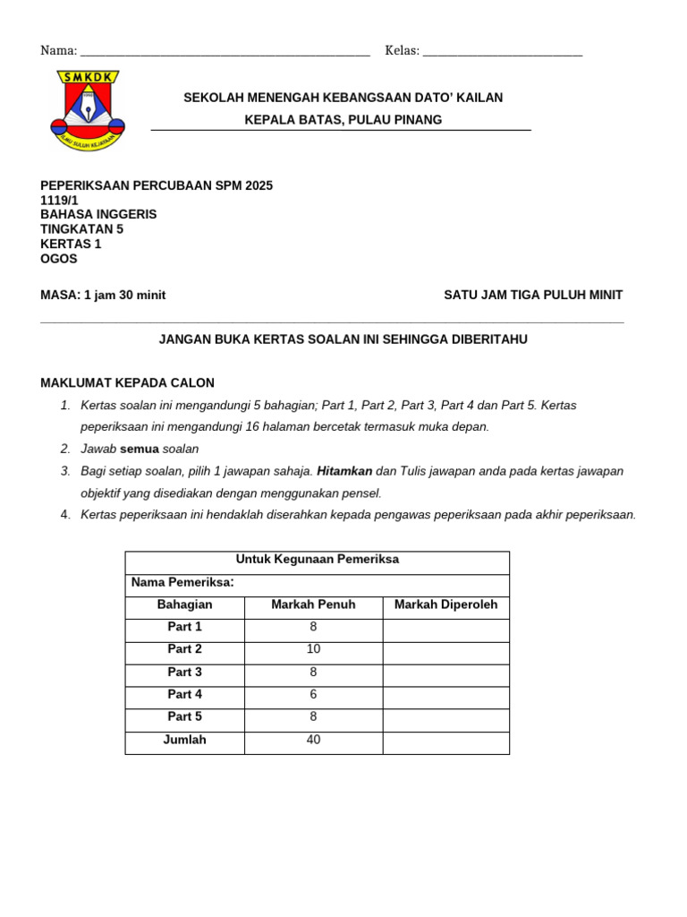 Contoh Muka Depan Kertas Soalan Percubaan SPM 2025 Kertas 1 | PDF
