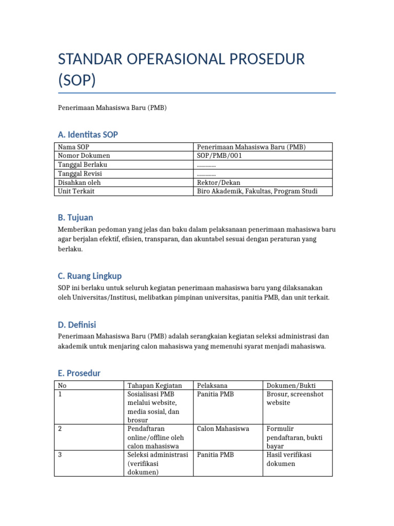 SOP Penerimaan Mahasiswa Baru | PDF