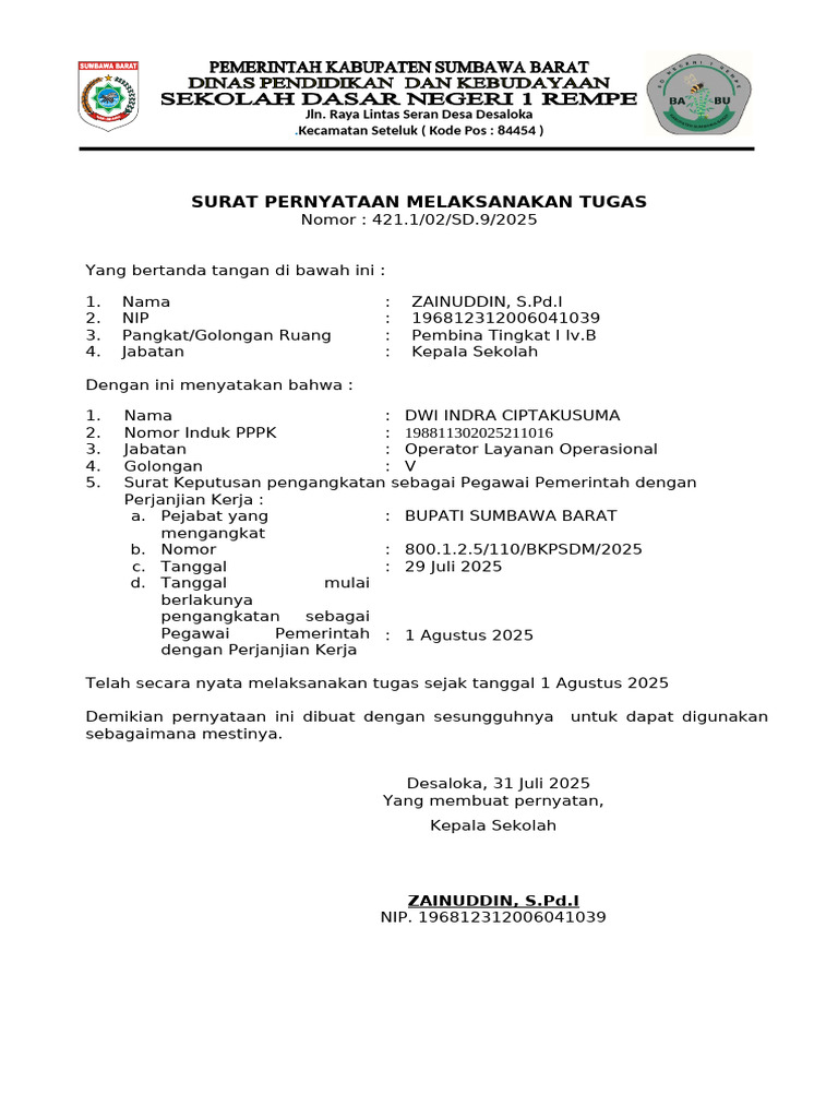 Surat Pernyataan ML Tugas | PDF