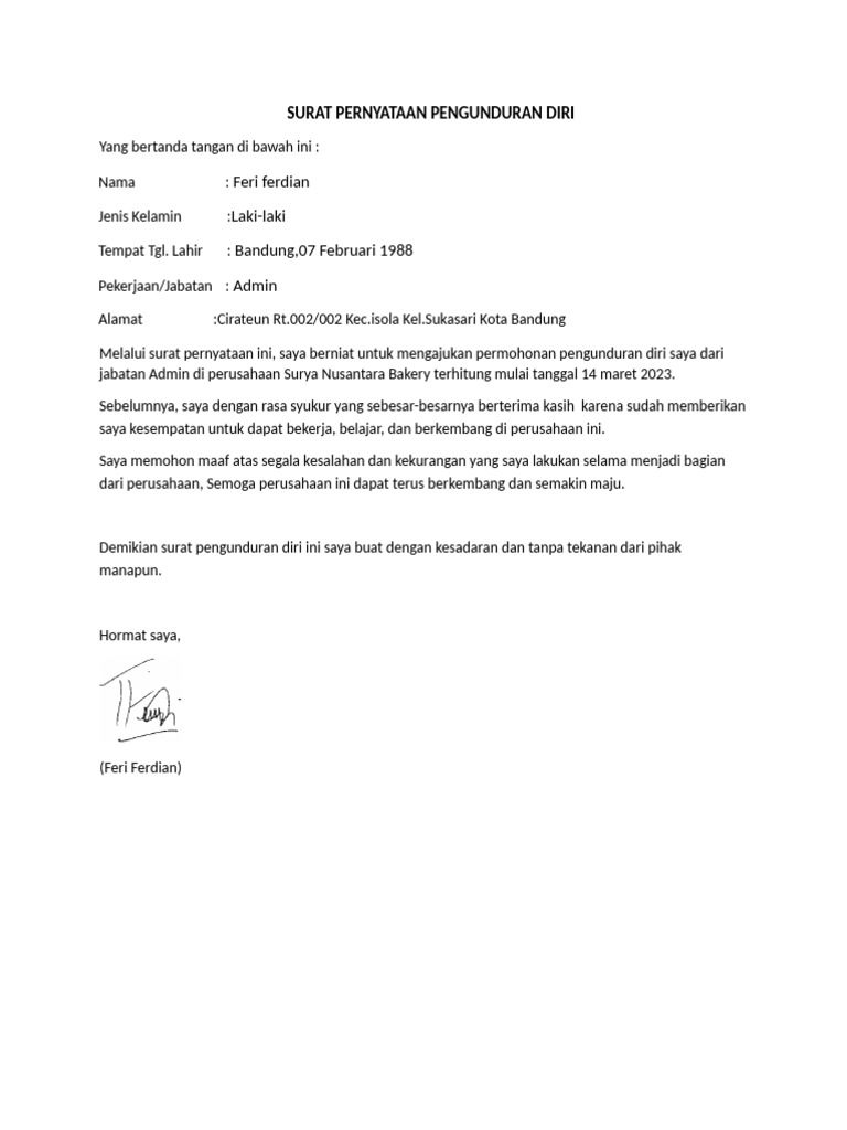 Surat Pengunduran Diri Feri Ferdian | PDF