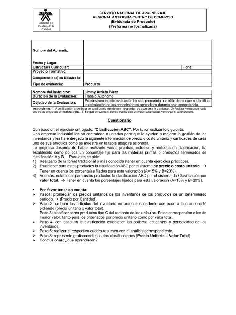 Taller #2 Clasificación ABC Ejercicio Práctico | PDF | Evaluación | Cuestionario