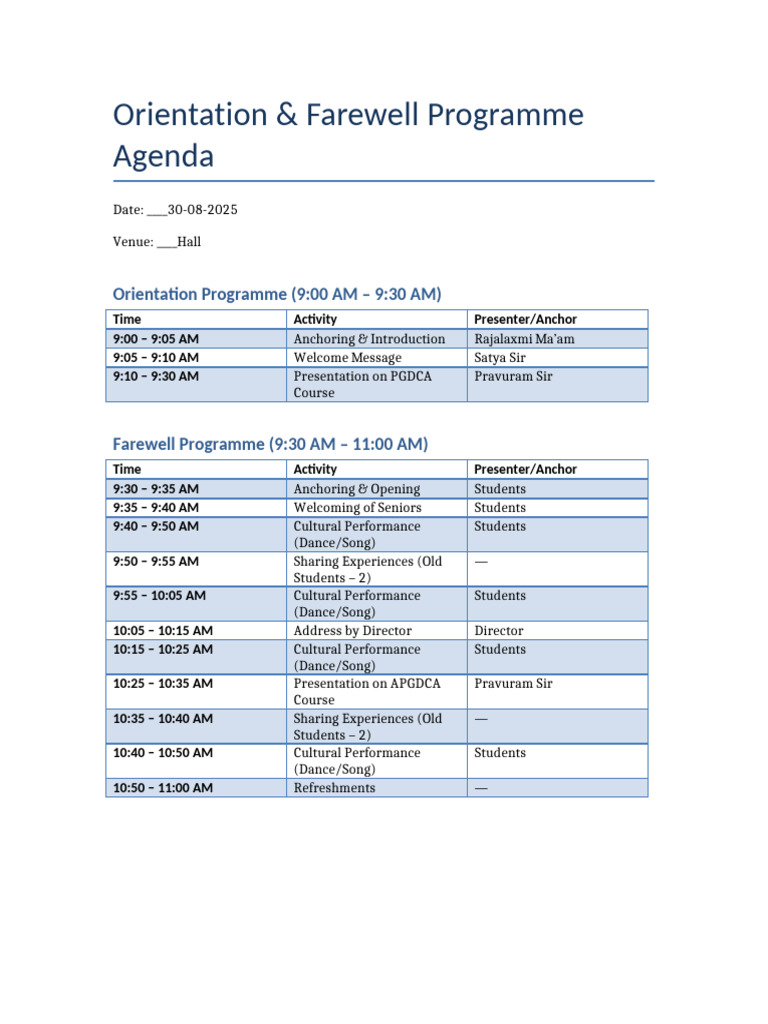 Orientation & Farewell Agenda 2025 | PDF
