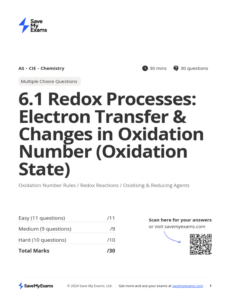 6 1 Redox Processes Electrochemistry MCQ Questions | PDF | Redox | Chlorine
