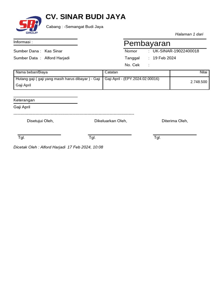 Slip Gaji Karyawan CV. Sinar Budi Jaya | PDF