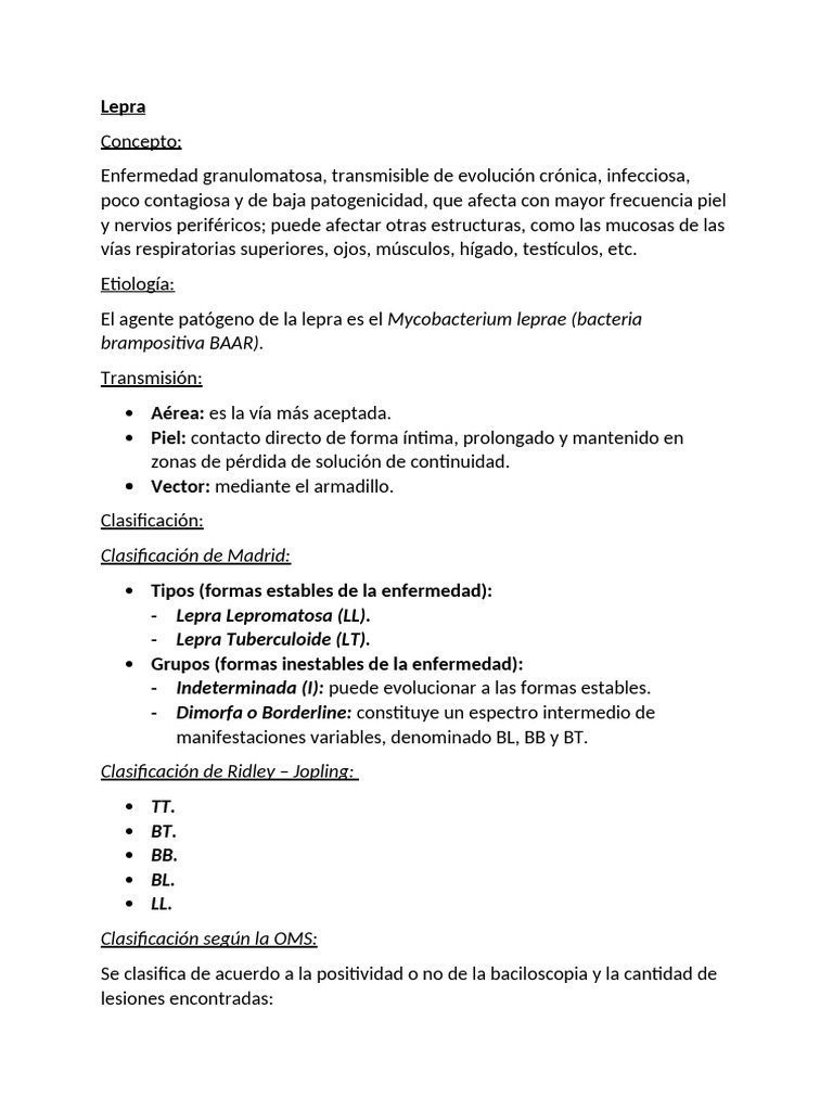 Todo sobre la lepra: síntomas y clasificación | PDF | Infección ...