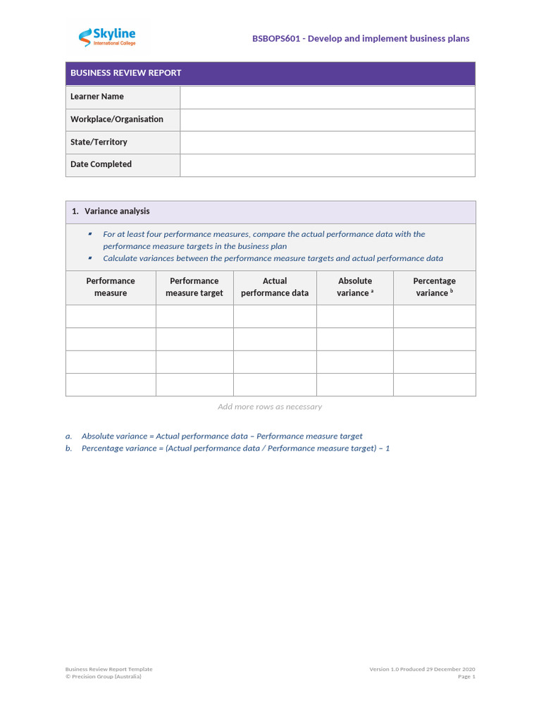 BSBOPS601 Generic Business Review Report Template v1.0 | PDF | Variance
