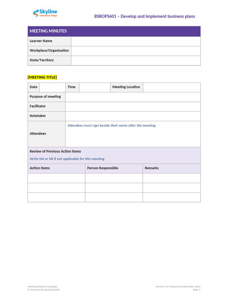 BSBOPS601 Generic Meeting Minutes Template v1.0 | PDF