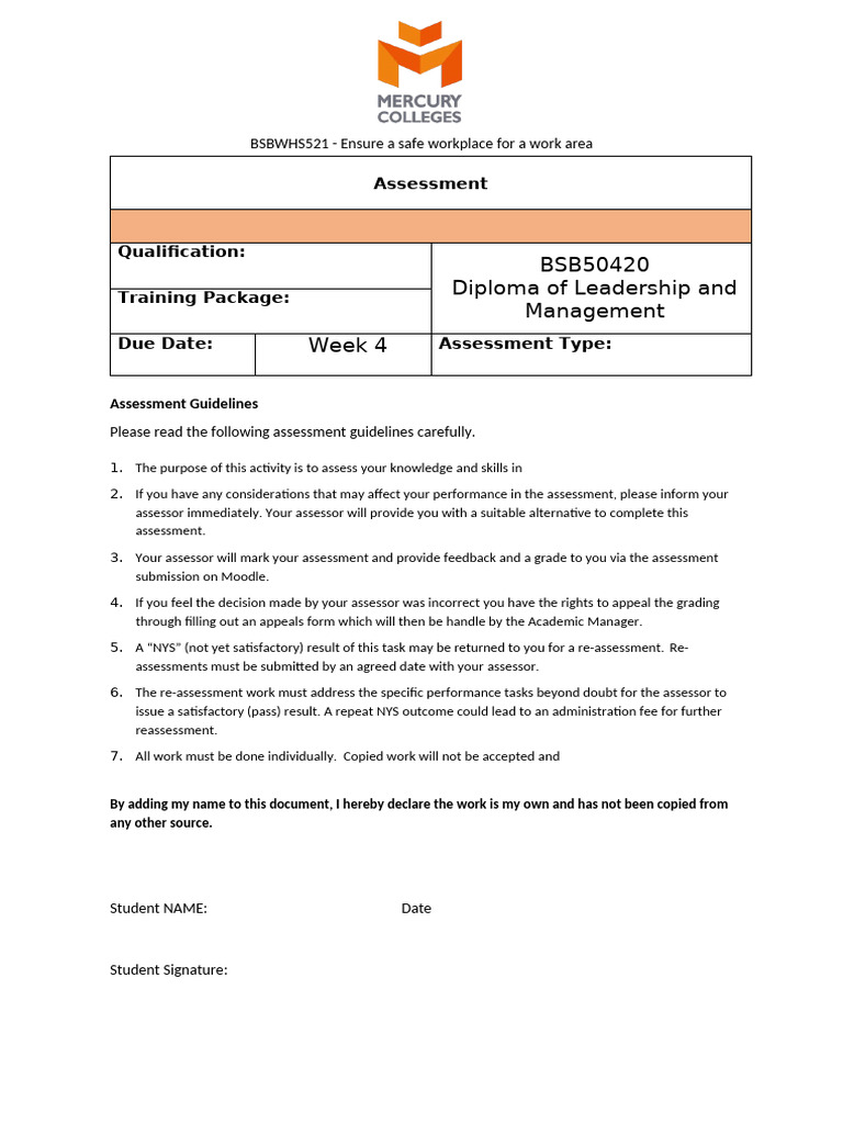 BSBWHS521 Assessment Guidelines | PDF | Occupational Safety And Health ...