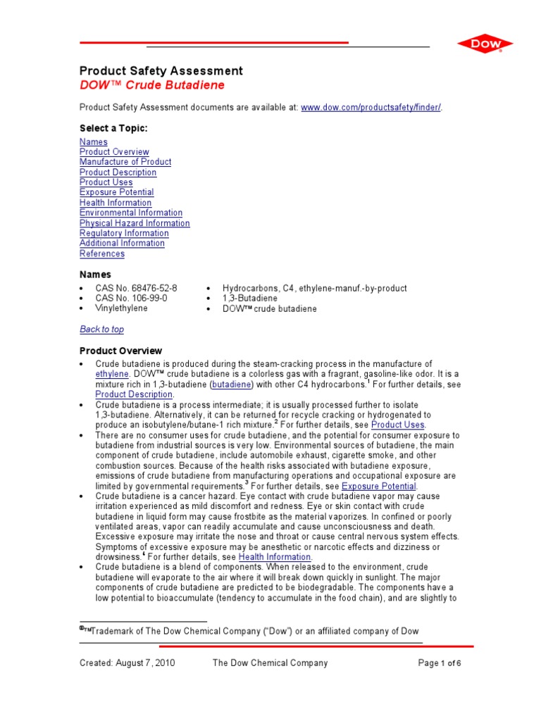 DOW™ Crude Butadiene: Product Safety Assessment | PDF | Cracking ...