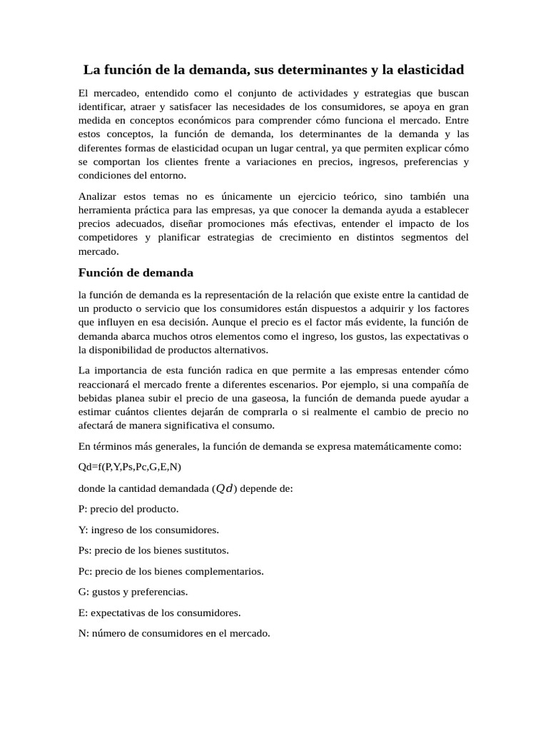 Demanda, determinantes y elasticidad en mercadeo | PDF | Elasticidad ...
