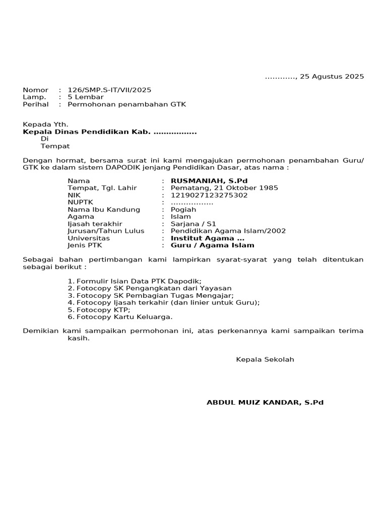 Contoh Surat Permohonan Tambah GTK DAPODIK | PDF