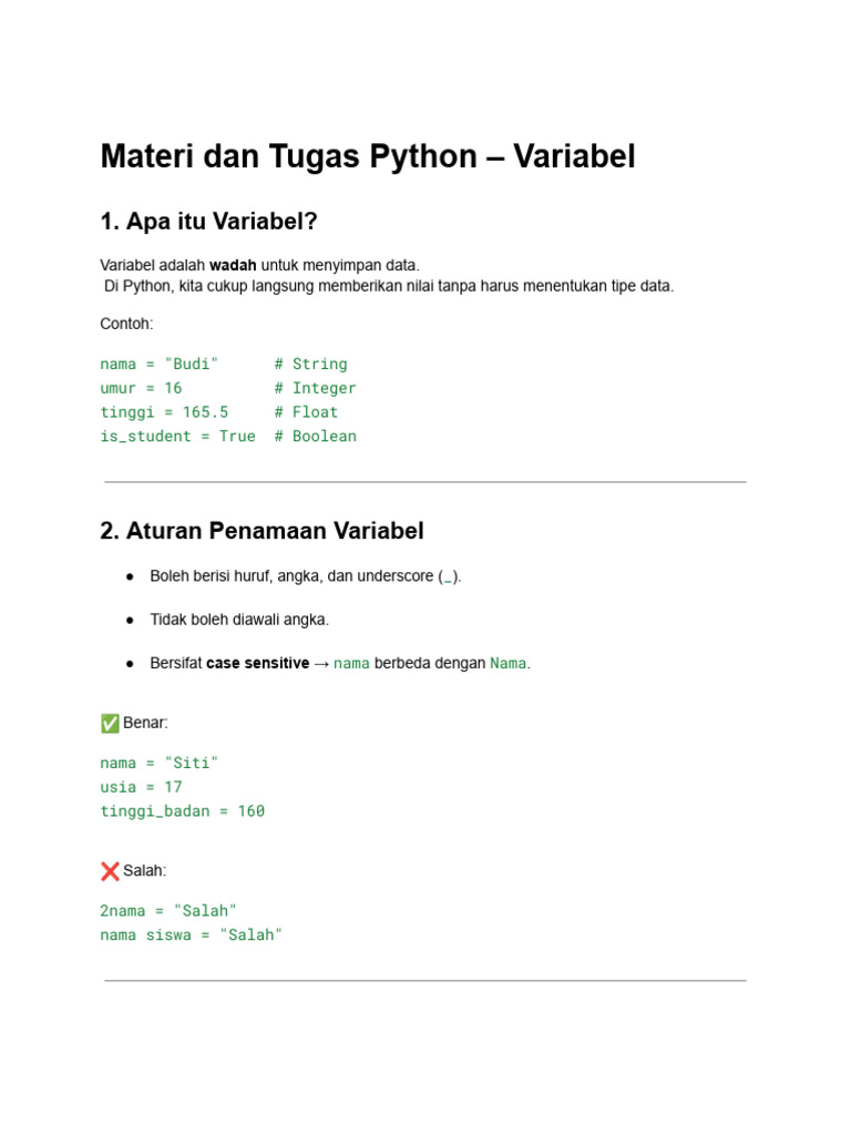 Materi Dan Tugas Python - Variabel | PDF
