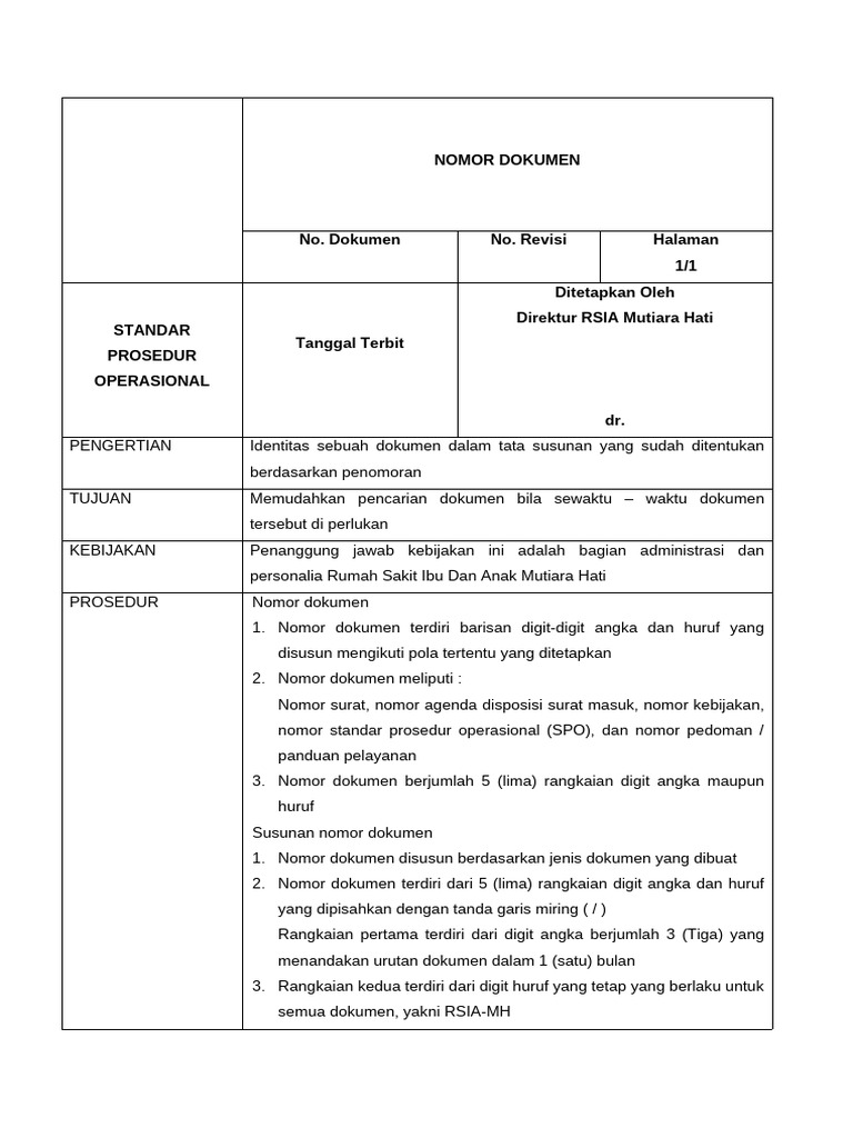SOP Nomor Dokumen | PDF