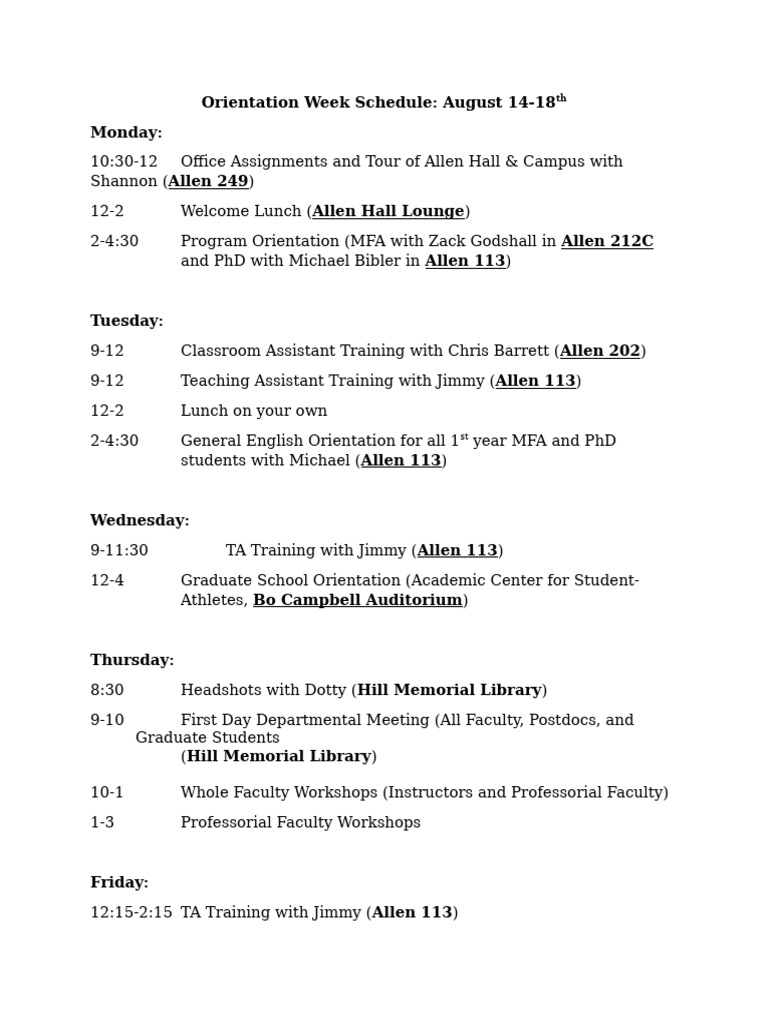 Orientation Week Schedule 2023 (2) (29023) | PDF