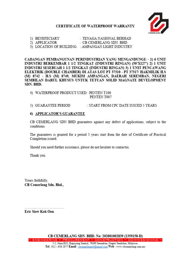CB Cemerlang Waterproof Warranty Certificate | PDF