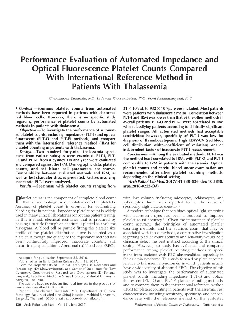 2017 Performance of Platelet Counts in Thalassemia | PDF | Platelet ...