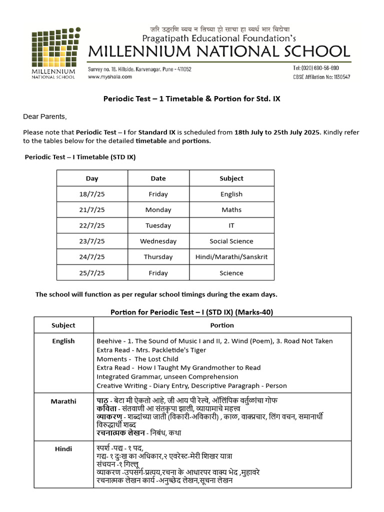 STD 9 Periodic Test I Timetable Portion 2025 26 | PDF