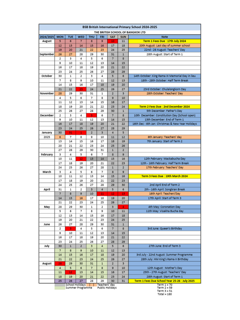 BSB School Calendar 2024-2025 | PDF