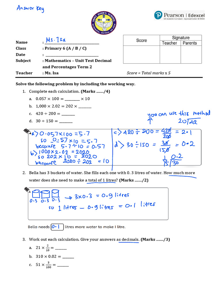 Answer Key (Unit Test Decimal N Percentage) | PDF