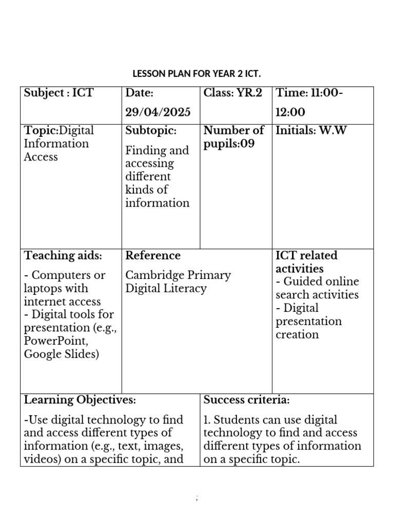 Year 2 ICT Lesson Plan: Digital Info Access | PDF | Information ...