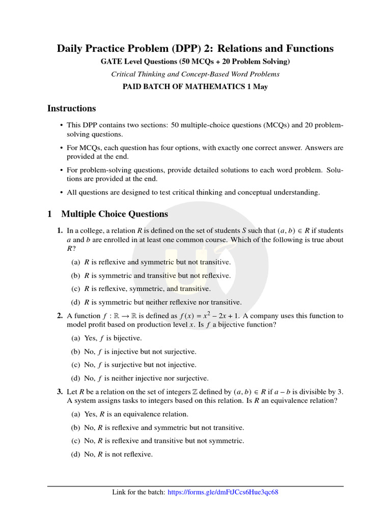 DPP 2 Relation and Function | PDF | Function (Mathematics) | Multiple Choice