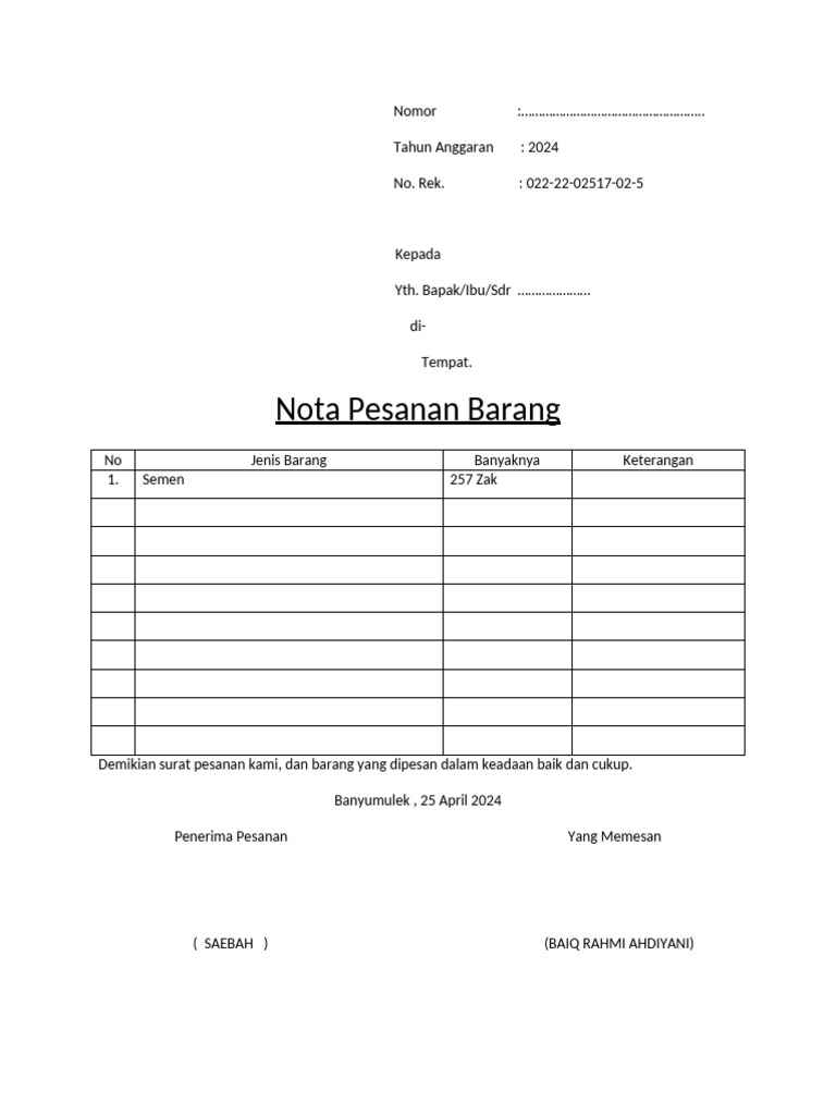 Nota Pesanan Barang | PDF