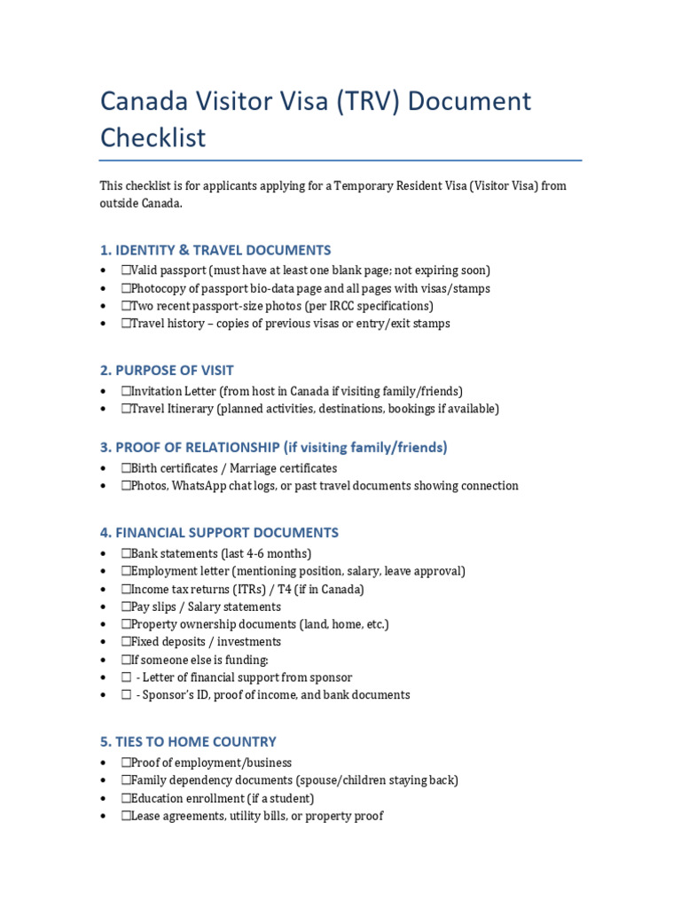 Canada Visitor Visa Checklist | PDF