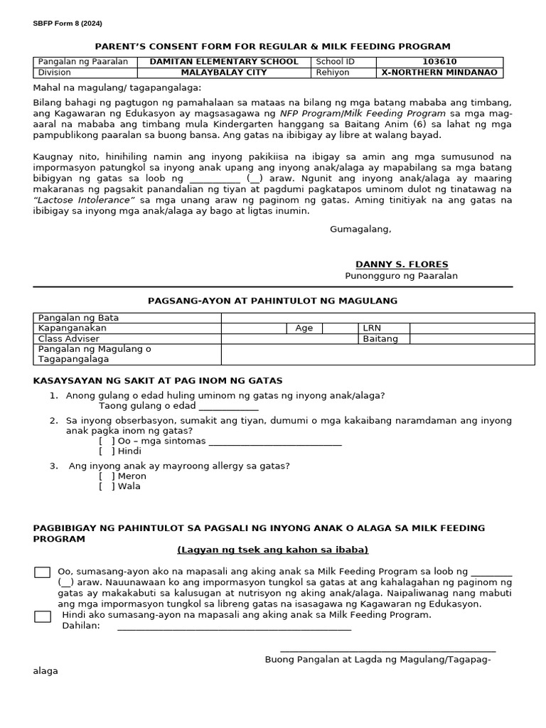 PARENT CONSENT SBFP Form 8 | PDF